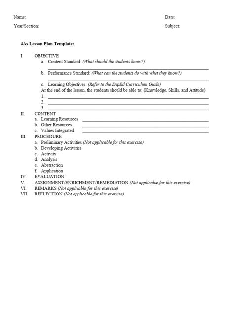 4a Lesson Plan Template Pdf