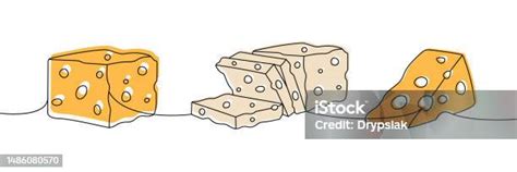 치즈 한 줄 컬러 연속 그리기 세트 다양한 종류의 치즈 연속 한 줄 그림 벡터 미니멀리스트 선형 그림입니다 구멍에 대한 스톡 벡터 아트 및 기타 이미지 Istock