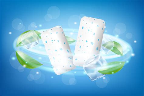 얼음 조각과 박하 잎이있는 거품 껌 패드 녹색 잎은 신선한 호흡을위한 스피어민트입니다 건강한 치아와 치과 위생을 위해 씹는