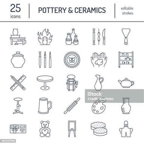 도자기 워크샵 도자기 클래스 라인 아이콘입니다 클레이 스튜디오 도구 표시 합니다 손 건물 포터 바퀴 전기가 마 도구 장비조각 아트 샵에 대 한 얇은 선형 표시 개체 그룹에