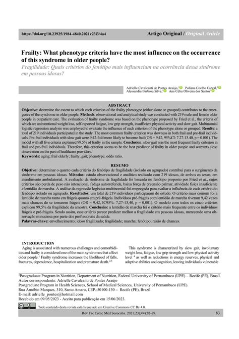 Pdf Frailty What Phenotype Criteria Have The Most Influence On The