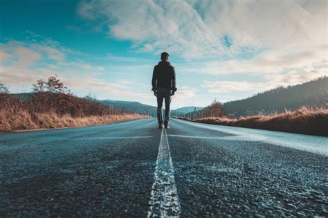Lonely Man Walking On A Road Among The Landscape Stock Image Image Of Activity Vacation