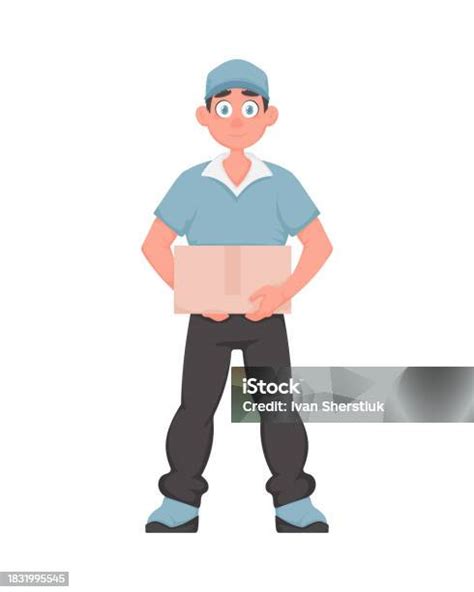 쾌활한 배달원 와 소포 에서 만화 벡터 스타일 파란 유니폼을 입고 종이 상자를 들고 웃고 있는 남성 택배 특급 배송 개념 개념에 대한 스톡 벡터 아트 및 기타 이미지