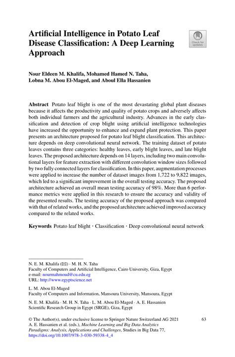 Pdf Artificial Intelligence In Potato Leaf Disease Classification A Deep Learning Approach
