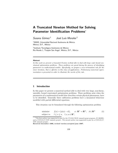 PDF A Truncated Newton Method For Solving Parameter Identification