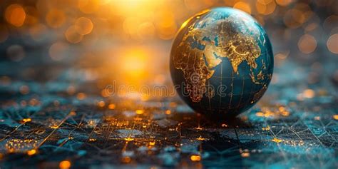 Glowing World Globe With Golden Continents Placed On A Circuit Board Representing Global