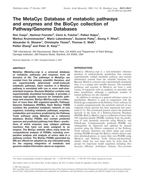 pdf the metacyc database of metabolic pathways and enzymes and the