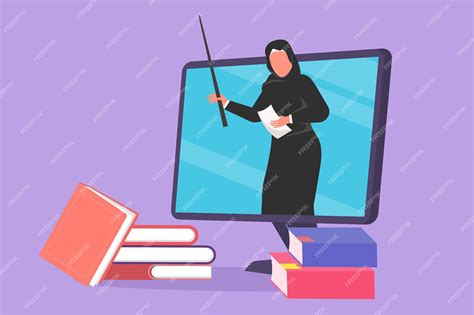 그녀의 몸의 절반을 가르치는 캐릭터 플랫 드로잉 아랍 여성 교사는 책 인터넷 수업 온라인 학습 개념 만화 디자인 벡터 일러스트의