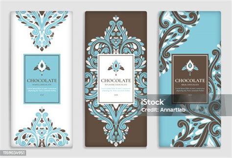 초콜릿 바 포장 디자인의 파란색과 갈색 벡터 세트입니다 장식 요소와 고급 빈티지 템플릿입니다 배경 및 배경 화면으로 사용할 수 있습니다 음식 및 음료 패키지 유형에