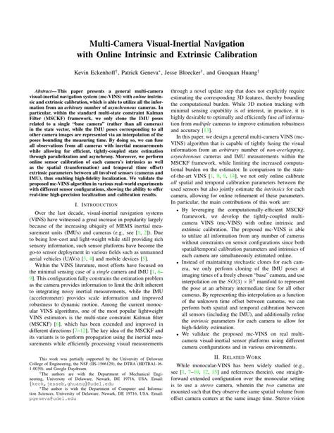 Pdf Multi Camera Visual Inertial Navigation With Online Intrinsic And
