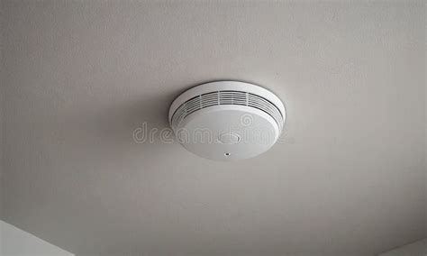 White Smoke Detector With Silver Rim Is Mounted On White Ceiling With