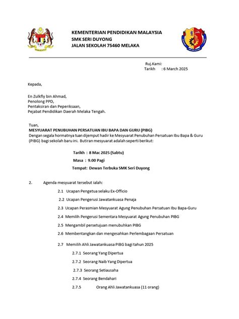 Surat Jemputan Mesyuarat Pibg En Zulkfly Pdf