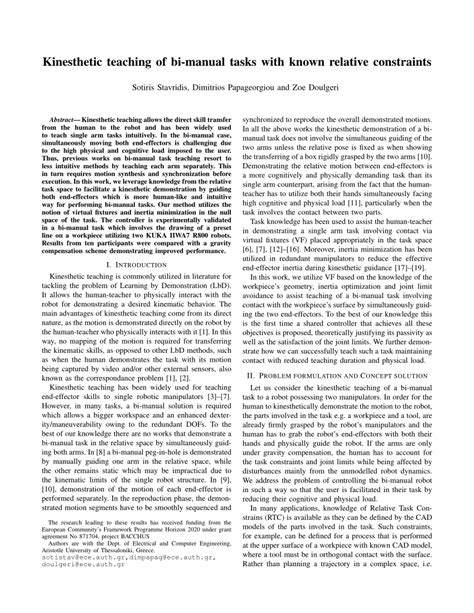 Pdf Kinesthetic Teaching Of Bi Manual Tasks With Known Relative Constraints