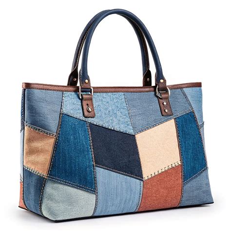 Patchwork Handbag With Denim Details On White Background Stock