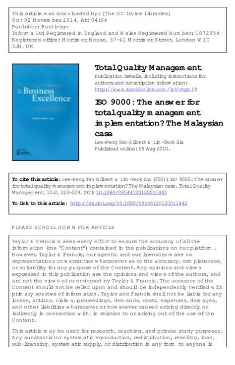 Pdf Iso 9000 The Answer For Total Quality Management Implementation The Malaysian Case