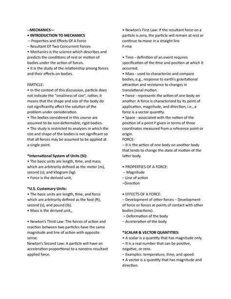 Mechanics Lec Notes MECHANICS INTRODUCTION TO MECHANICS Properties And Effects Of A Force
