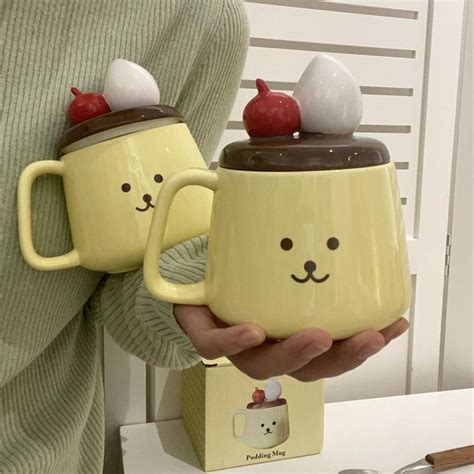 산리오 뚜껑이 달린 산리오 카왈리 폼폼푸린 세라믹 컵 커피 머그잔 독창성 디자인 감각 애니메이션 친구 생일 선물 소녀용