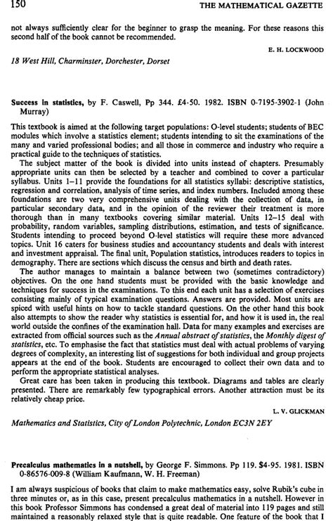 Precalculus Mathematics In A Nutshell By George F Simmons Pp 119 4·95 1981 Isbn 0 86576