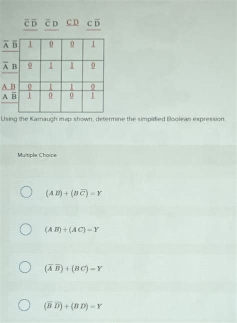 Using The Karnaugh Map Shown Determine The Simplified Boolean Expression Multiple Choice A B
