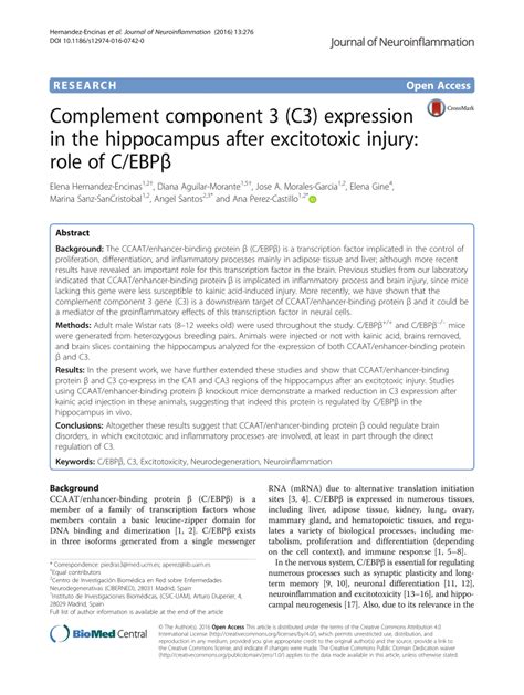 Pdf Complement Component 3 C3 Expression In The Hippocampus After