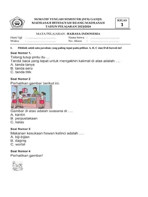 Soal Pts Bahasa Indonesia Kelas 1 Semester 1 Kma Pdf