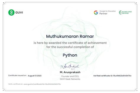 Muthukumaran Ramar On Linkedin Completed Python Course In Guvi