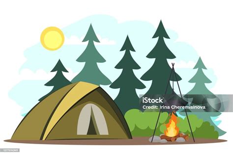 여행 및 캠핑 배경 숲에서 끓는 봇텐트와 캠프파이어 관광 야외 장면 벡터 일러스트 화창한 아름다운 날 경치 좋은 수평 파노라마 개념에 대한 스톡 벡터 아트 및 기타 이미지