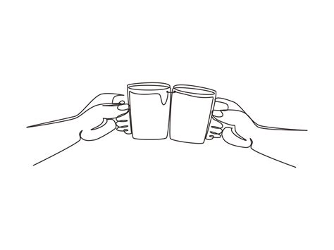 Continuous One Line Drawing Close Up Cropped Of Woman Man Two Hands Horizontal Holding Cups Of