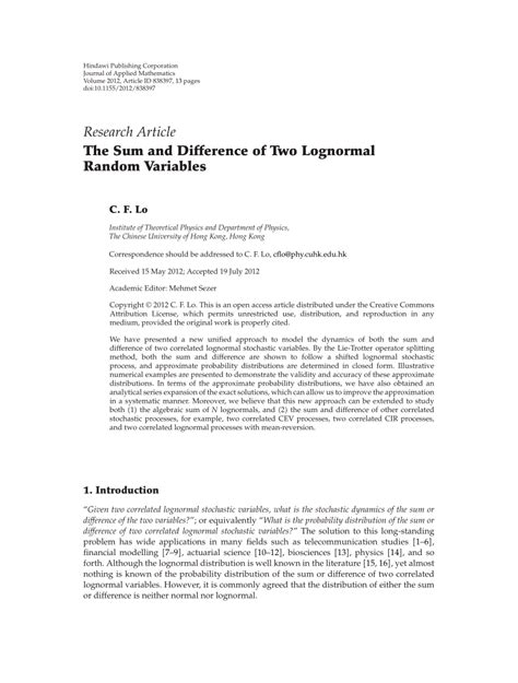 Pdf The Sum And Difference Of Two Lognormal Random Variables