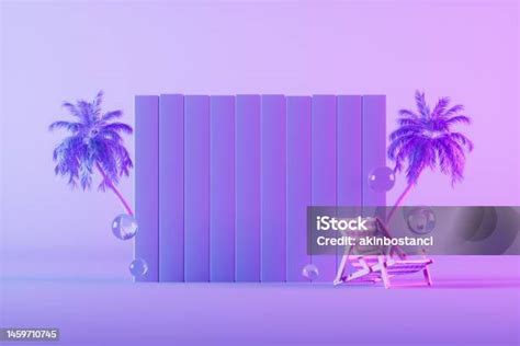 야자수가 있는 빈 간판 최소한의 여름 휴가 및 네온 보라색 배경의 여행 개념 0명에 대한 스톡 사진 및 기타 이미지 0명 3차원 형태 공란 Istock