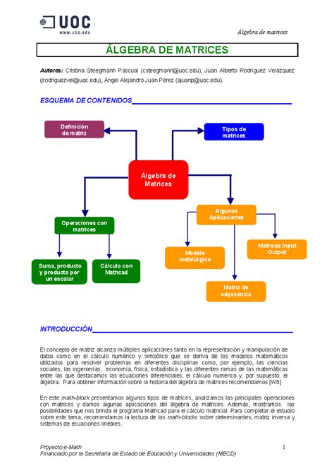 Matricess Matrices Ejemplos Proyecto E Math 1 Álgebra De Matrices Autores Cristina