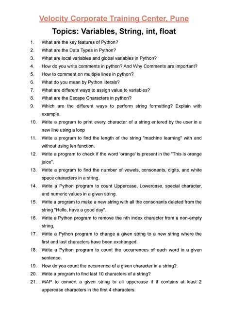 Assignment Variables String Int Float Velocity Corporate Training Center Pune Topics