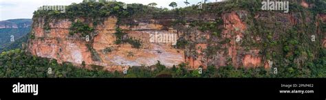 Panoramic view to impressive red cliff wall Chapada dos Guimarães Mato Grosso Brazil South