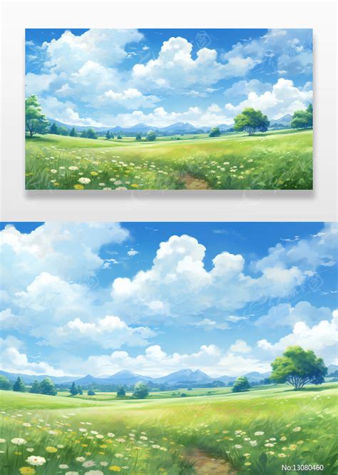 Ai手绘蓝天白云草坪风景插画背景高清图图片下载红动中国