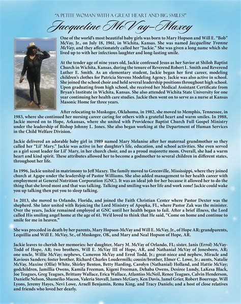 Jacqueline Mcvay Maxey — Mcfadden And Hitchye Funeral Enterprises