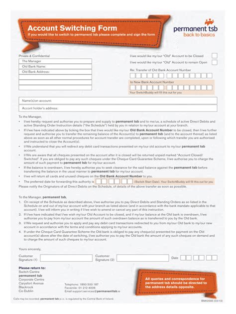 Fillable Online Account Switching Form Pdf 710kb Permanent Tsb Fax