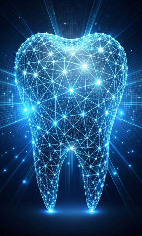 Futuristic Glowing Tooth Constructed With A Digital Network Grid