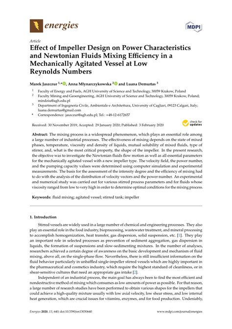 Pdf Effect Of Impeller Design On Power Characteristics And Newtonian Fluids Mixing Efficiency