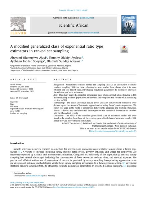 PDF A Modified Generalized Class Of Exponential Ratio Type Estimators In Ranked Set Sampling