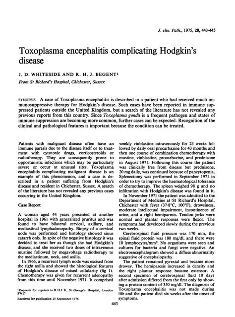 Pdf Toxoplasma Encephalitis Complicating Hodgkins Disease
