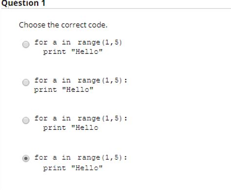 solved question 1 choose the correct code for a in range
