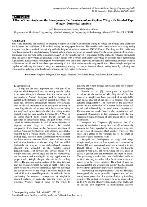 Pdf Effect Of Cant Angles On The Aerodynamic Performances Of An Airplane Wing With Blended