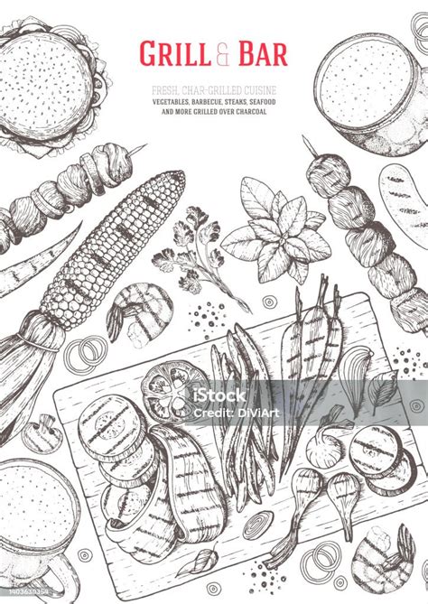 그릴 및 바 메뉴 디자인 템플릿 구운 고기와 야채 상단보기 프레임 벡터 일러스트레이션 새겨진 디자인 손으로 그린 그림 펍 음식 포스터 그릴에 음식 바베큐그릴에 대한 스톡