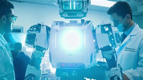 Engineers Working On A Sleek Futuristic Robot Assembling And Testing Its Functions In A Well