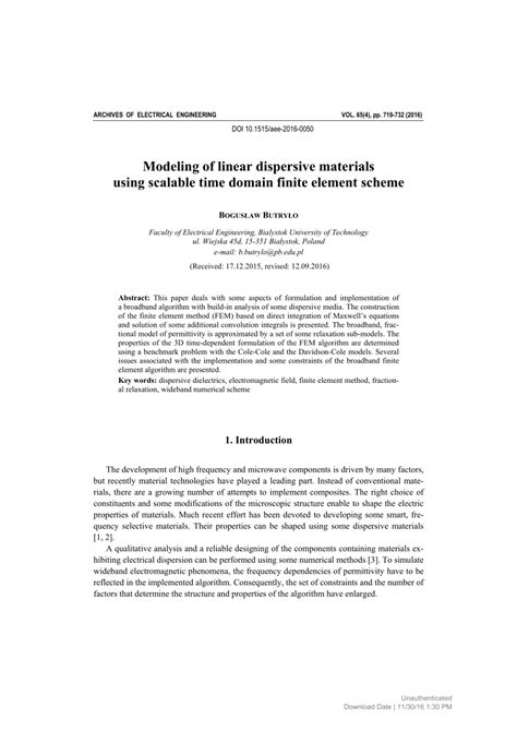 Pdf Modeling Of Linear Dispersive Materials Using Scalable Time Domain Finite Element Scheme
