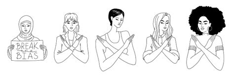 편견을 깨뜨립니다 고정 관념과 차별에 반대하는 다양한 여성들 교차 된 팔을 가진 그려진 다인종 소녀의 세트 여성 연대 운동의 벡터 일러스트레이션 Breakthebias에