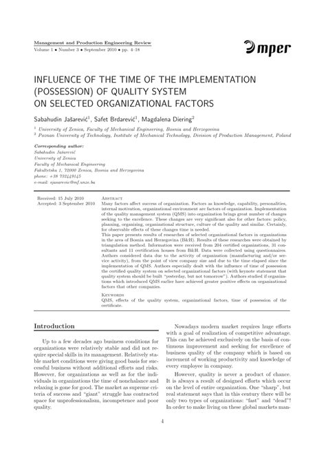 Pdf Management And Production Engineering Review Influence Of The Time Of The Implementation