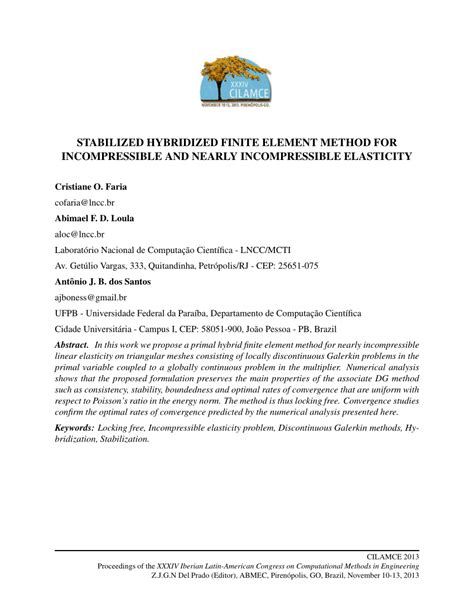 PDF STABILIZED HYBRIDIZED FINITE ELEMENT METHOD FOR INCOMPRESSIBLE AND NEARLY INCOMPRESSIBLE