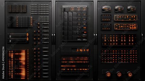 Retro Styled Computer Control Panel With Switches Dials And Gauges Glowing In Orange Evoking