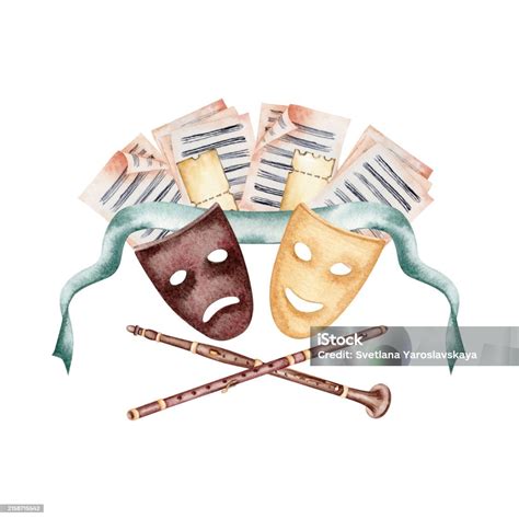 빈티지 악보 페이지 극장 티켓 및 플루트와 클라리넷이 있는 마스크 로고 손으로 그린 수채화 그림은 흰색 배경에 고립되어 있습니다 오페라 또는 뮤지컬 프로그램 포스터 또는